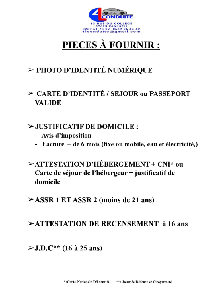 Pièces à fournir - Auto école 4LConduite Pièces à fournir - Auto école 4LConduite
